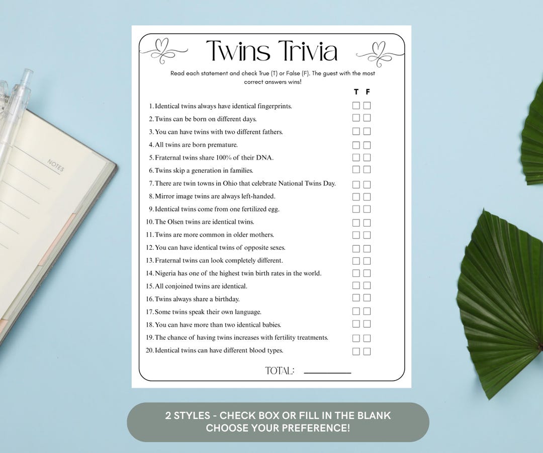 Twins Trivia Baby Shower Game: Printable Quiz (digital Download) - Etsy