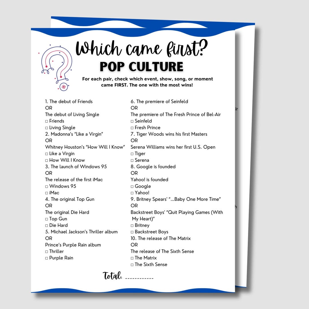 Pop Culture Trivia Game: Which Came First Quiz (printable PDF Download ...