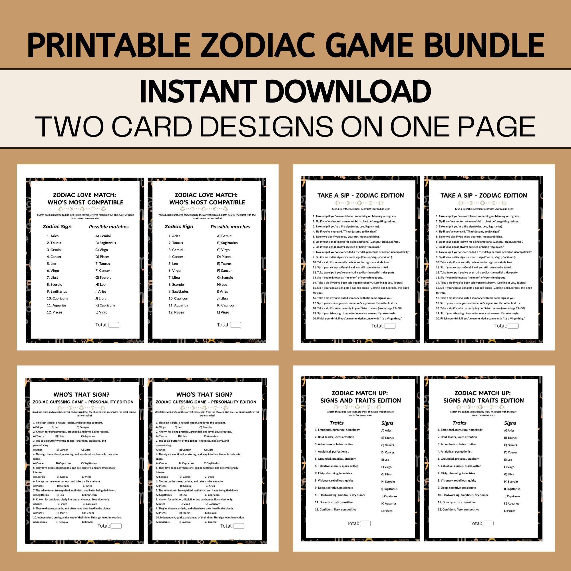 Astrology Party Game Bundle: Zodiac Trivia, Love Match (printable Games ...