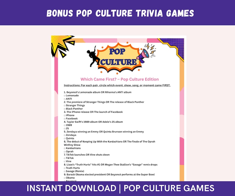 Pop Culture Trivia Printable | Family and Friends Game Night, Ladies ...