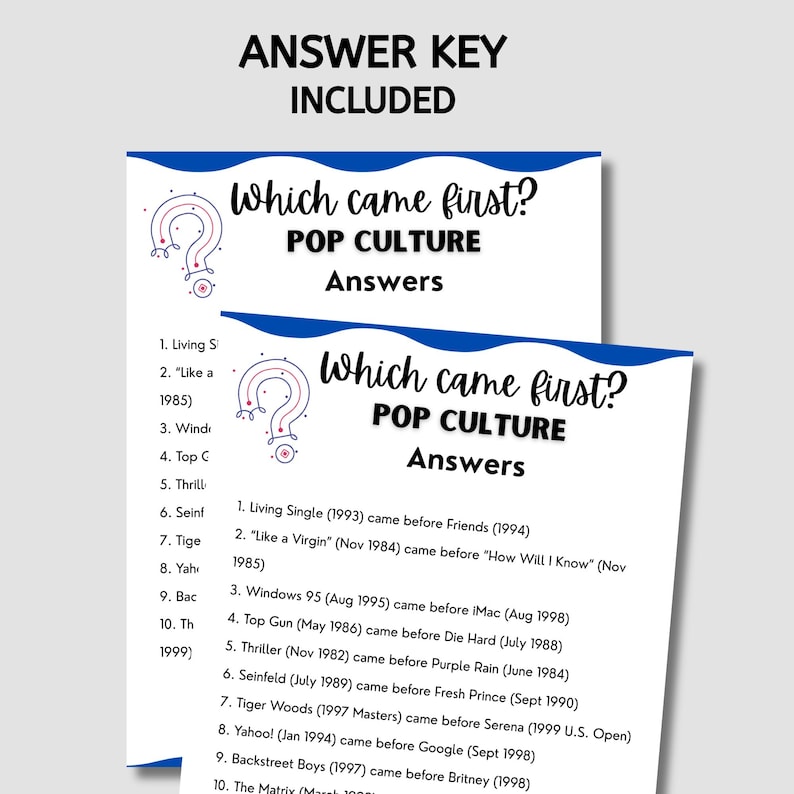 Pop Culture Trivia Game: Which Came First Quiz (printable PDF Download ...
