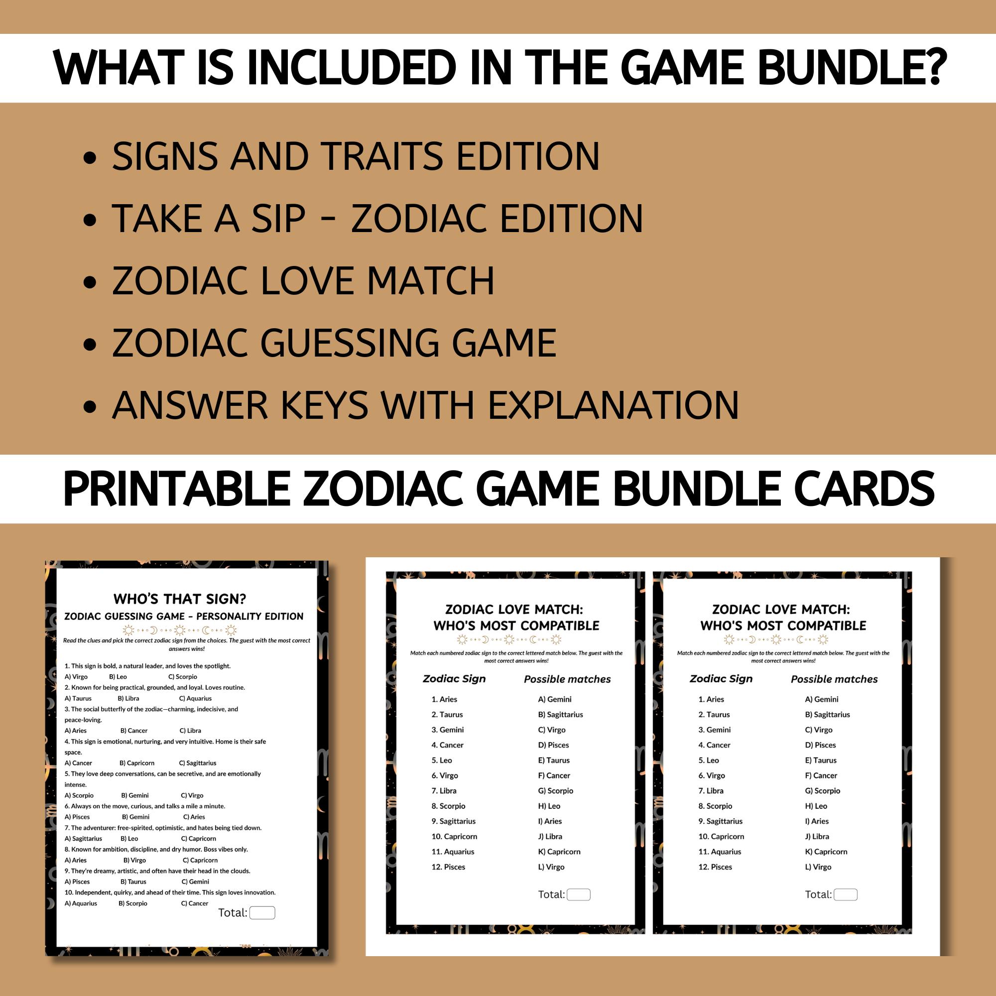 Astrology Party Game Bundle: Zodiac Trivia, Love Match (printable Games ...