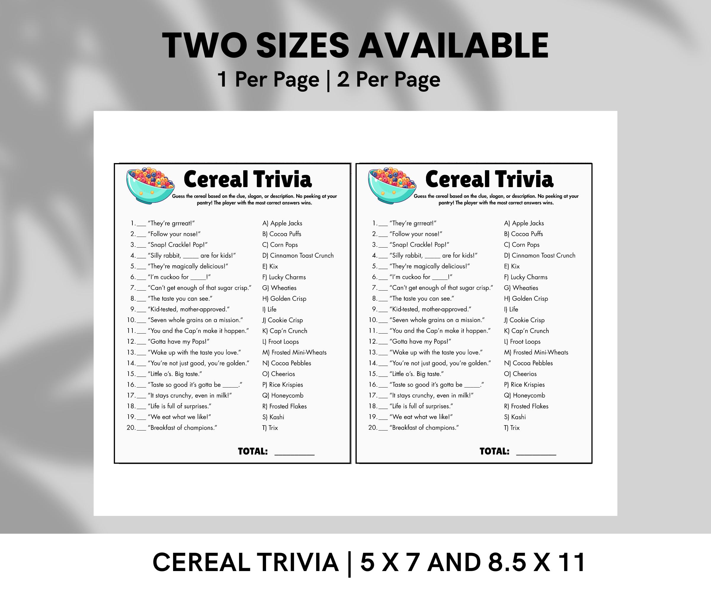 Cereal Trivia Game: Fun Family Game Night Activity (PDF Downloadable ...