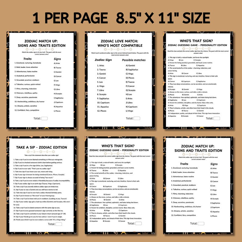 Astrology Party Game Bundle: Zodiac Trivia, Love Match (printable Games ...