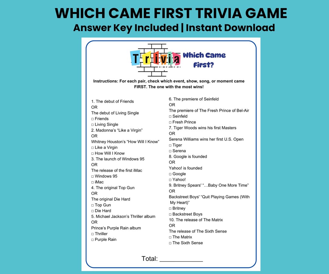 Pop Culture Trivia Game: Which Came First Quiz (printable PDF Download ...