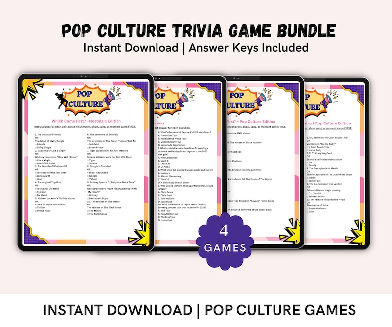 Pop Culture Trivia Game Bundle, Which Came First Quiz, Games for Kids ...