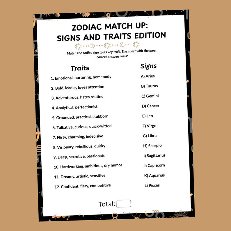Astrology Party Game Bundle: Zodiac Trivia, Love Match (printable Games ...