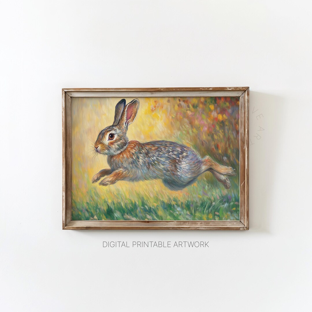 Vintage Spring Bunny Painting, Printable Wall Art, Colorful Rabbit Art ...