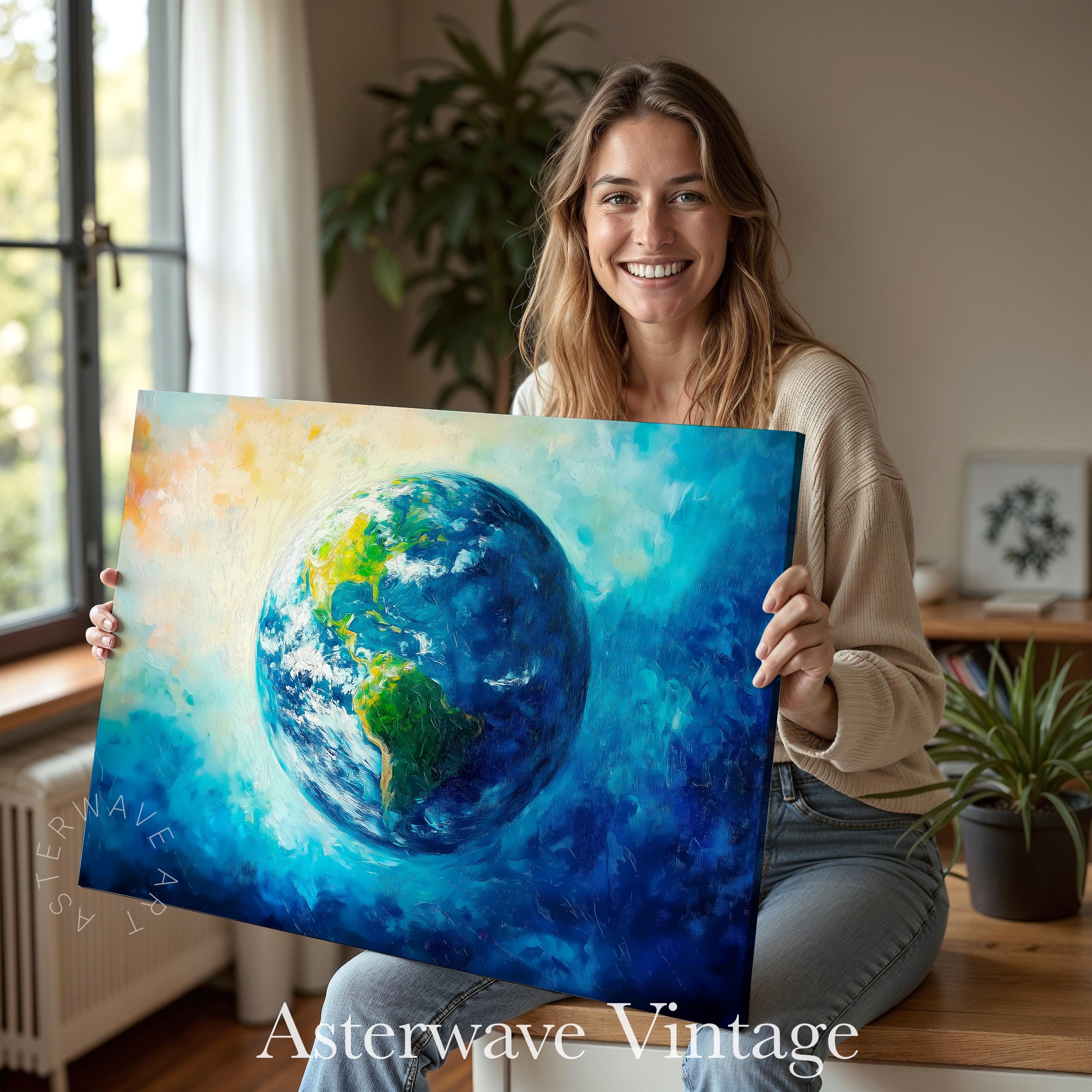 Vintage Planet Earth Painting, Printable Wall Art, Nature Outer Space ...