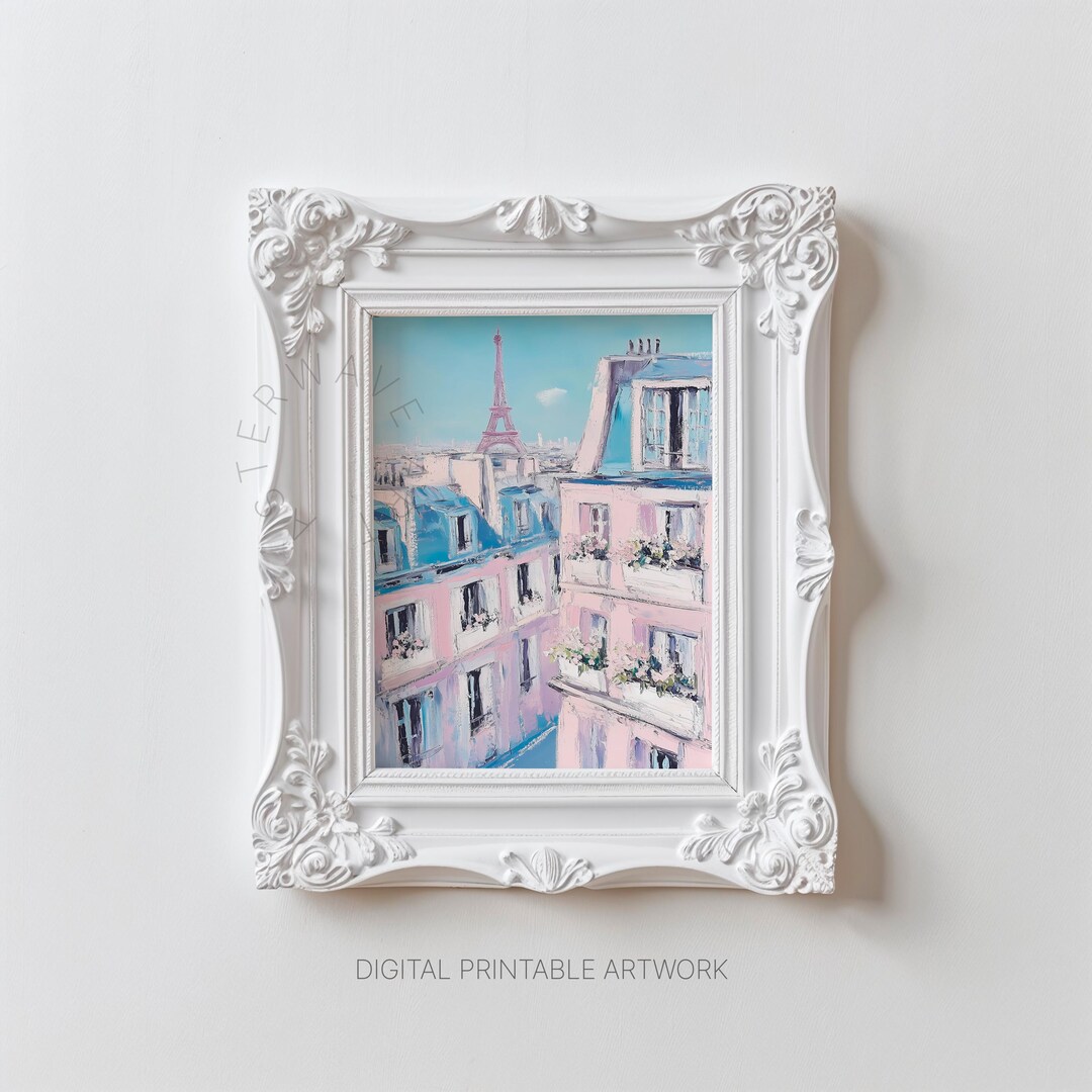 Pink Paris Cityscape Painting, Printable Wall Art, France Eiffel Tower ...