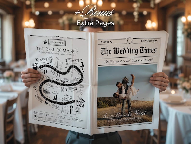 Rustic Wedding Newspaper Template, Wedding Infographics, Editable Canva ...