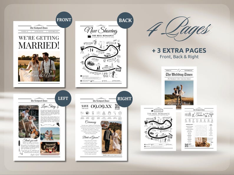 Rustic Wedding Newspaper Template, Wedding Infographics, Editable Canva ...