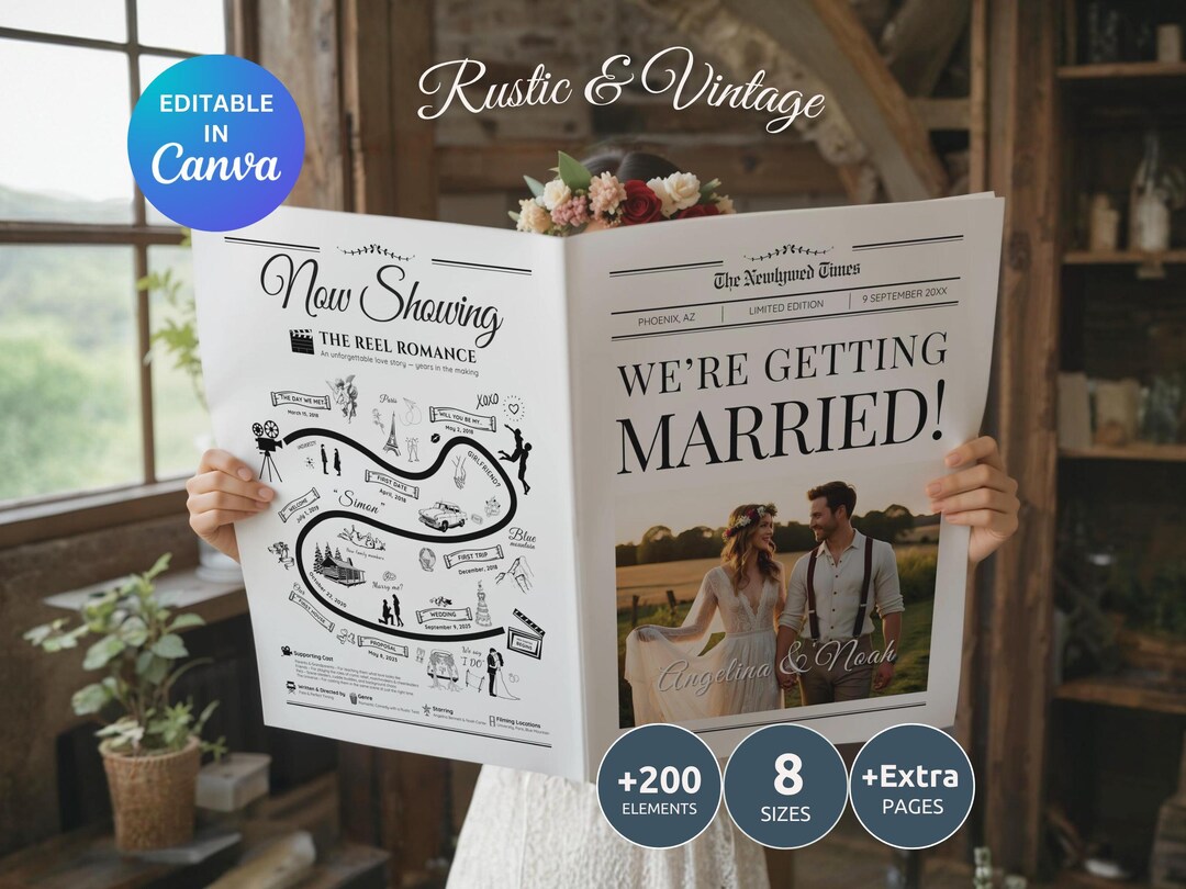 Rustic Wedding Newspaper Template, Wedding Infographics, Editable Canva ...