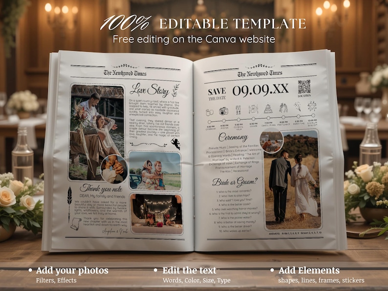 Rustic Wedding Newspaper Template, Wedding Infographics, Editable Canva ...