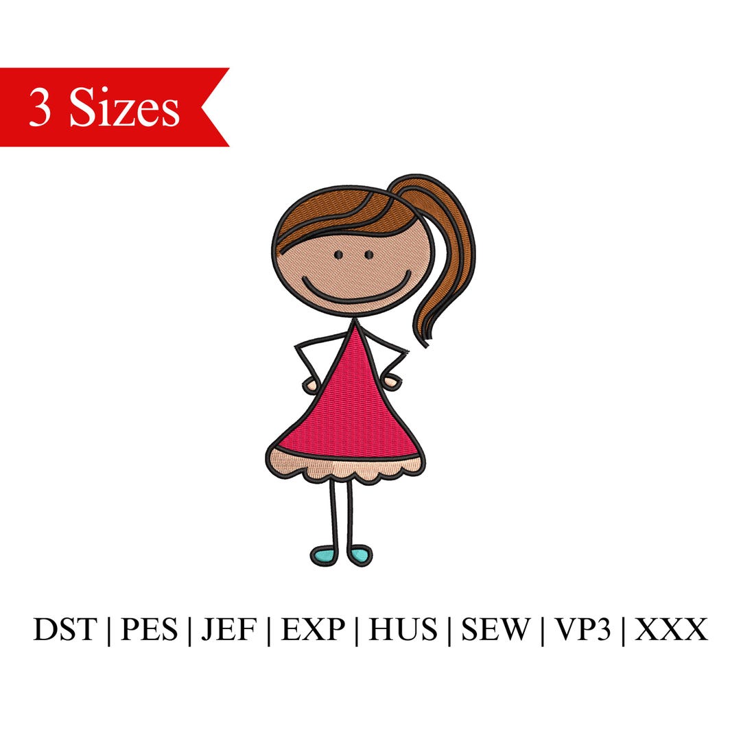 Stick Figure Embroidery Design, Cartoon Girl Embroidery, Kids Trendy ...