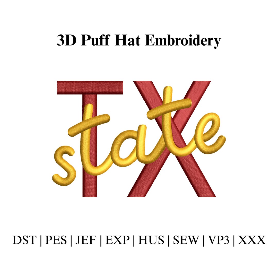 Texas State Embroidery, 3D Puff Hat Embroidery, Texas Hat Embroidery ...