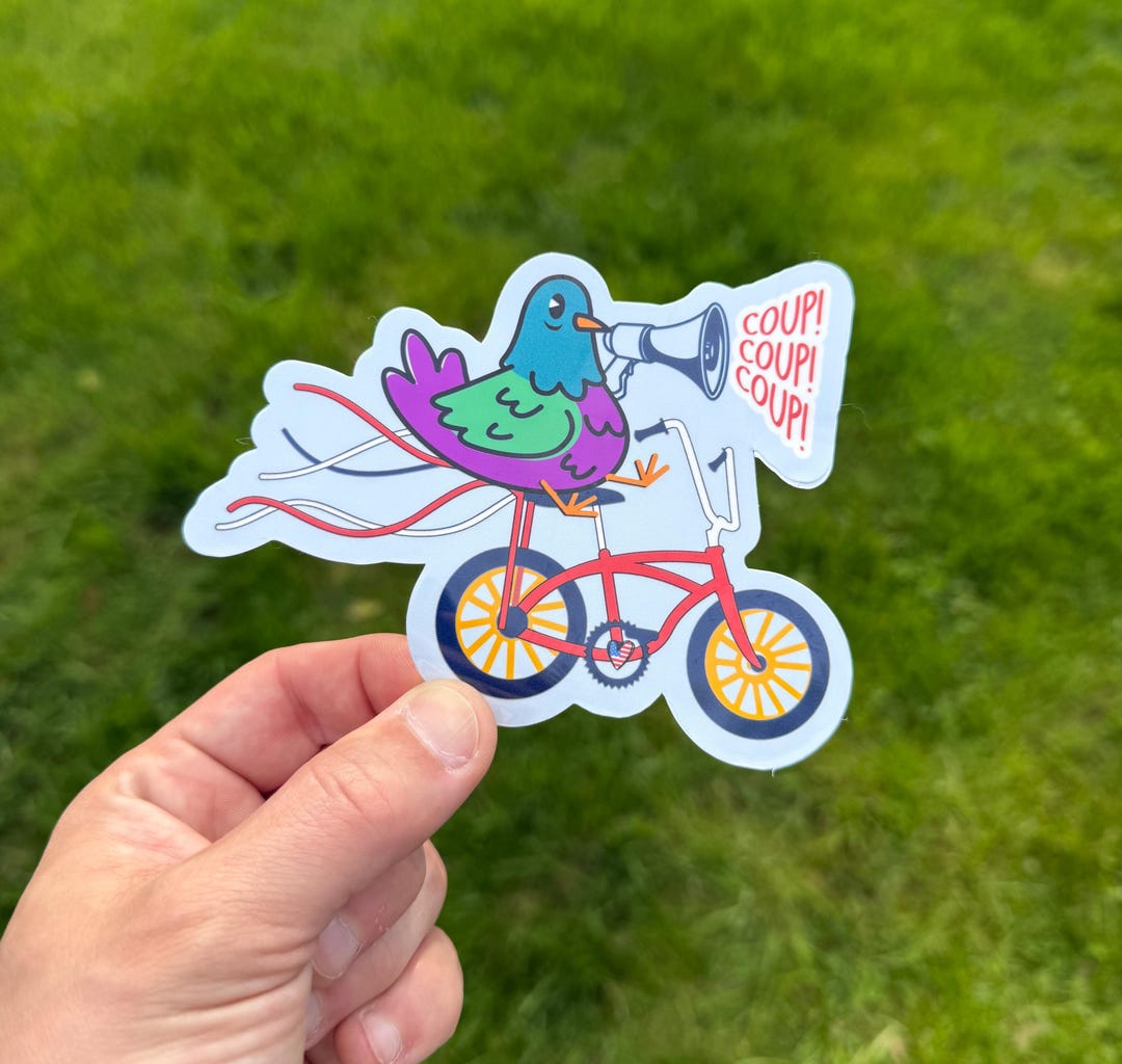 Coup Pigeon Protest Sticker- Bike-riding Bird With Megaphone- Political ...