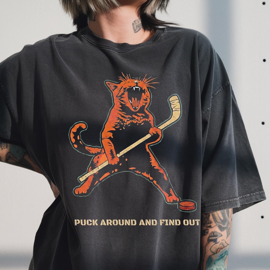 Funny Hockey Orange Cat Shirt, Puck Around and Find Out, Gameday Sports ...