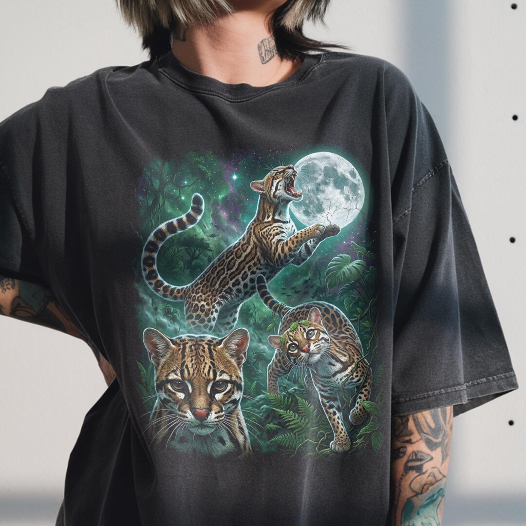 Three Ocelot Moon Shirt, Vintage 90s Graphic Tee, Jungle Wild Cat Lover ...
