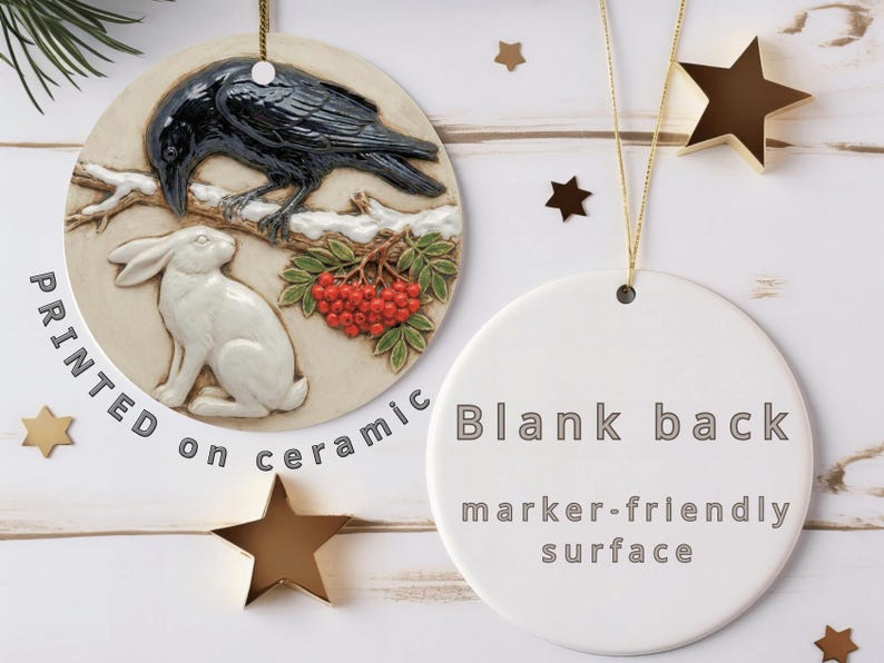 Raven and Hare Yule Ornament: Pagan Winter Solstice Ceramic Bauble - Etsy