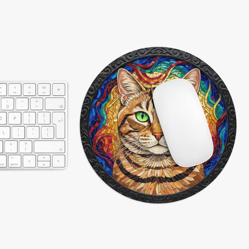 Stained Glass Style Cat Round Mouse Pad Colorful Mosaic Cat Art Desk ...
