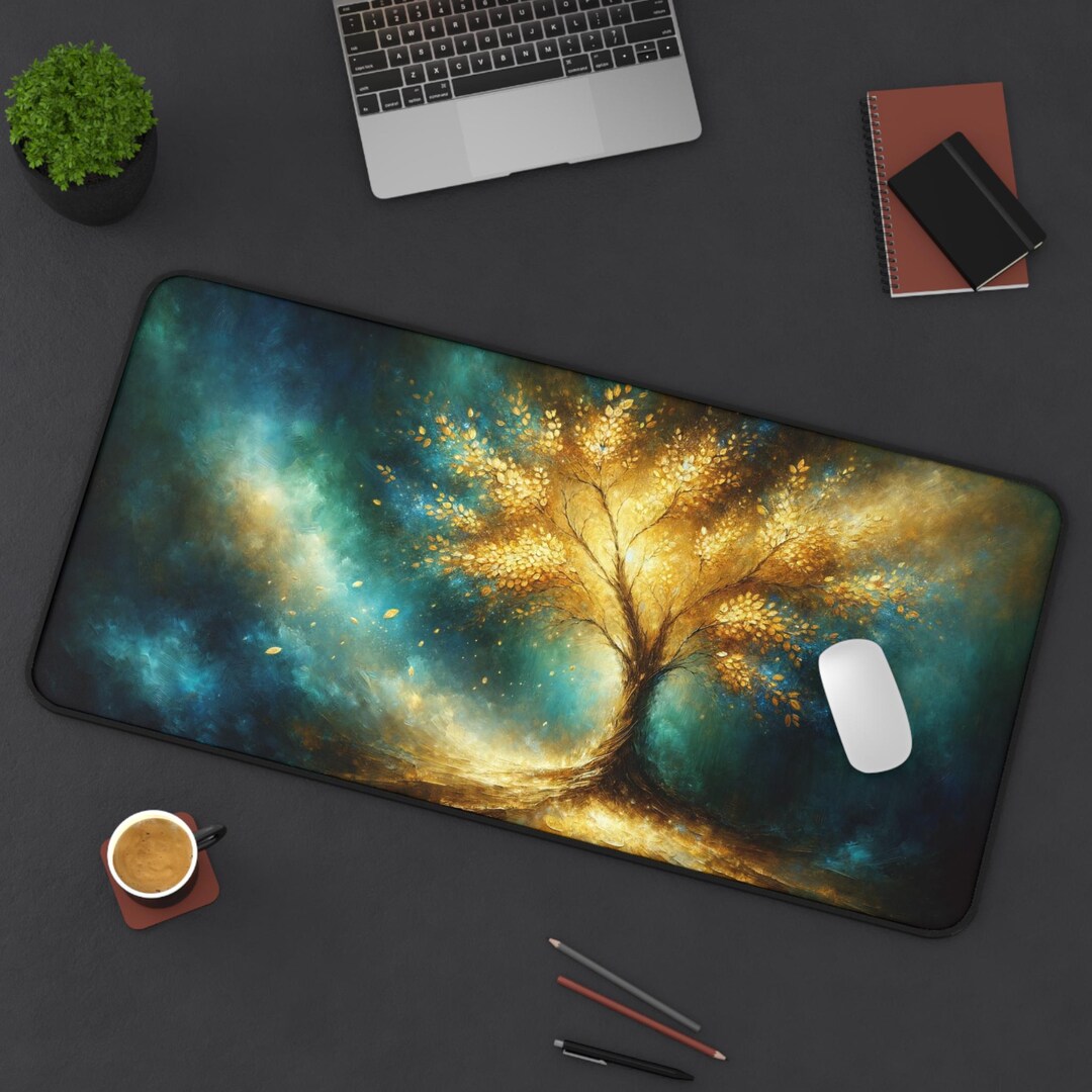 Golden Tree of Light Desk Mat: Fantasy Nature Office Decor - Etsy