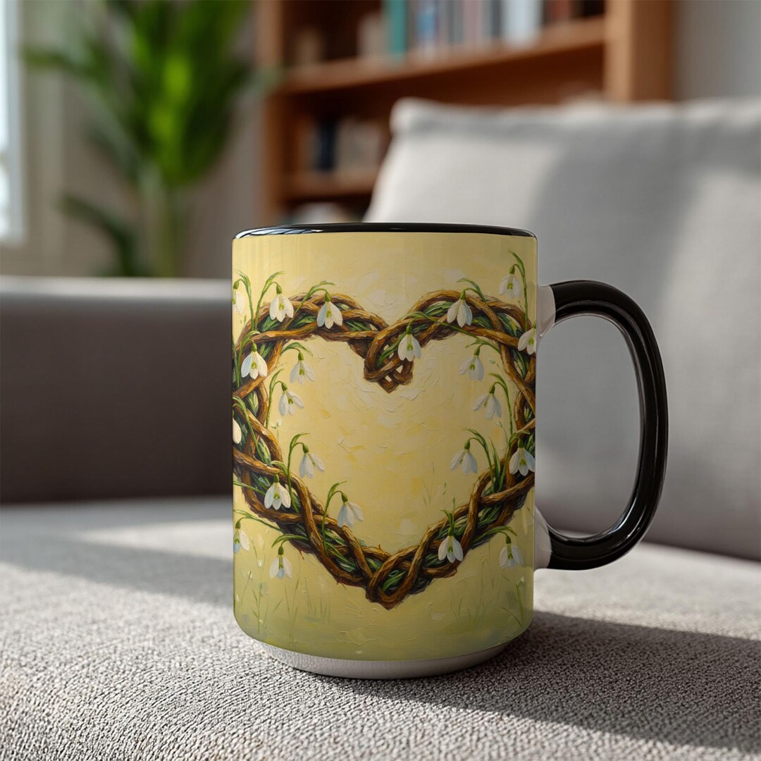 Celtic Heart Mug, Snowdrop Wreath Print, Rustic Valentine Gift - Etsy