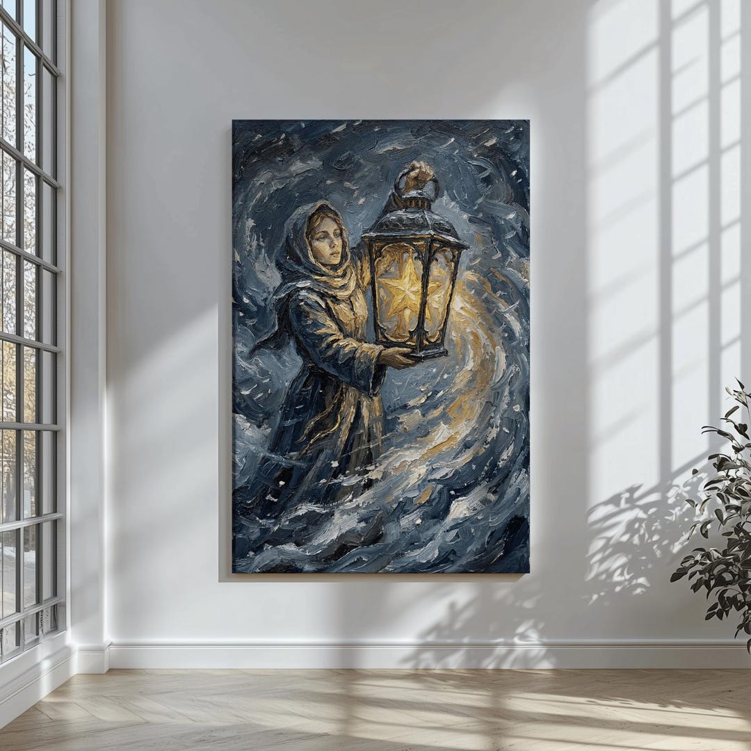 Mystic Wanderer Canvas - Star Lantern in Snow Storm Art - Winter ...