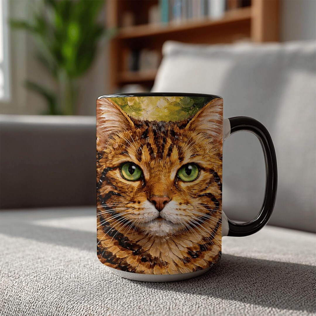 Brown Tabby Cat Mug, Green Eyes Portrait Art, Van Gogh Style ...