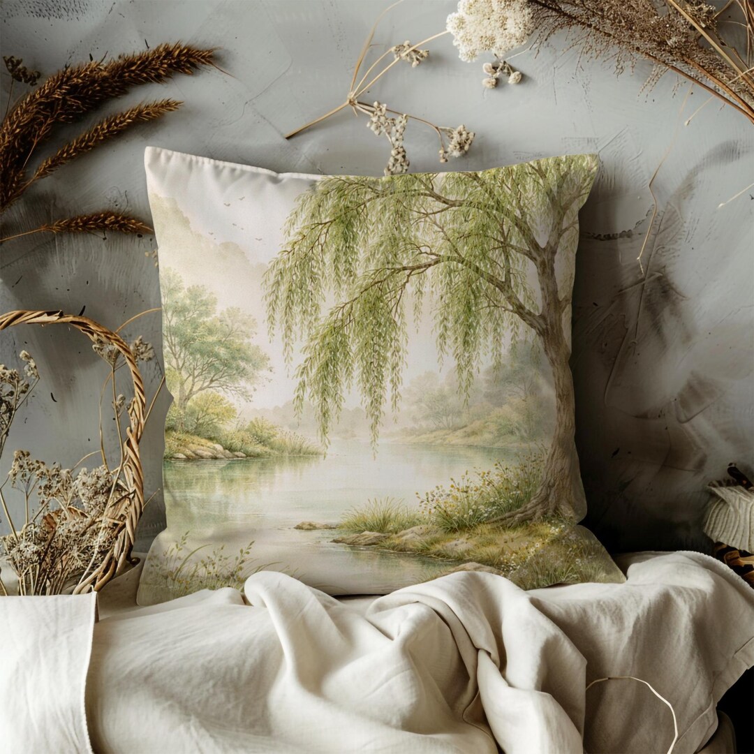 Weeping Willow Pillow | Serene Misty River Landscape Throw Pillow Cover ...