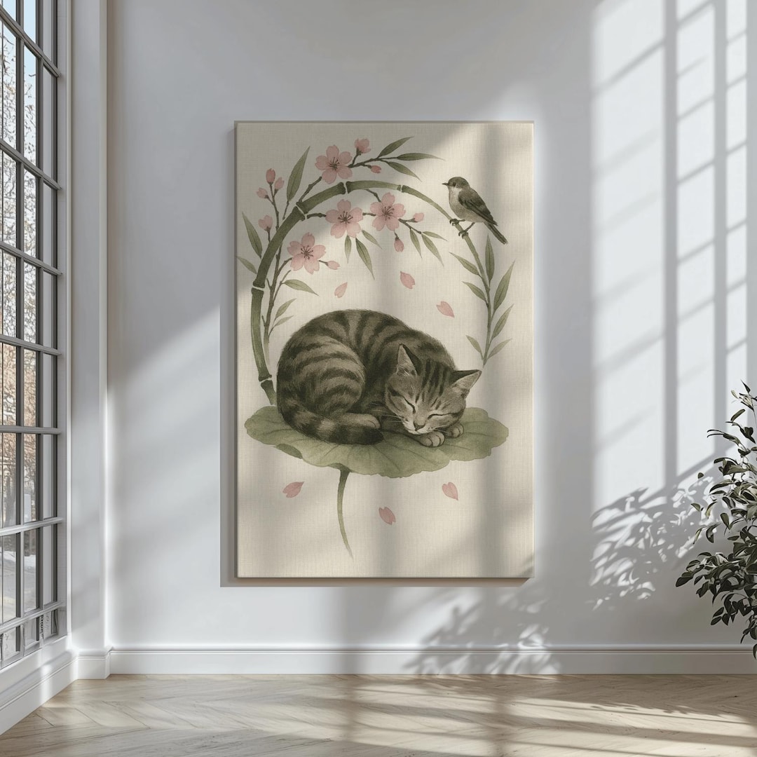 Sleeping Tabby Cat Art Print | Japanese Sumi-e Style Cat Under Cherry ...