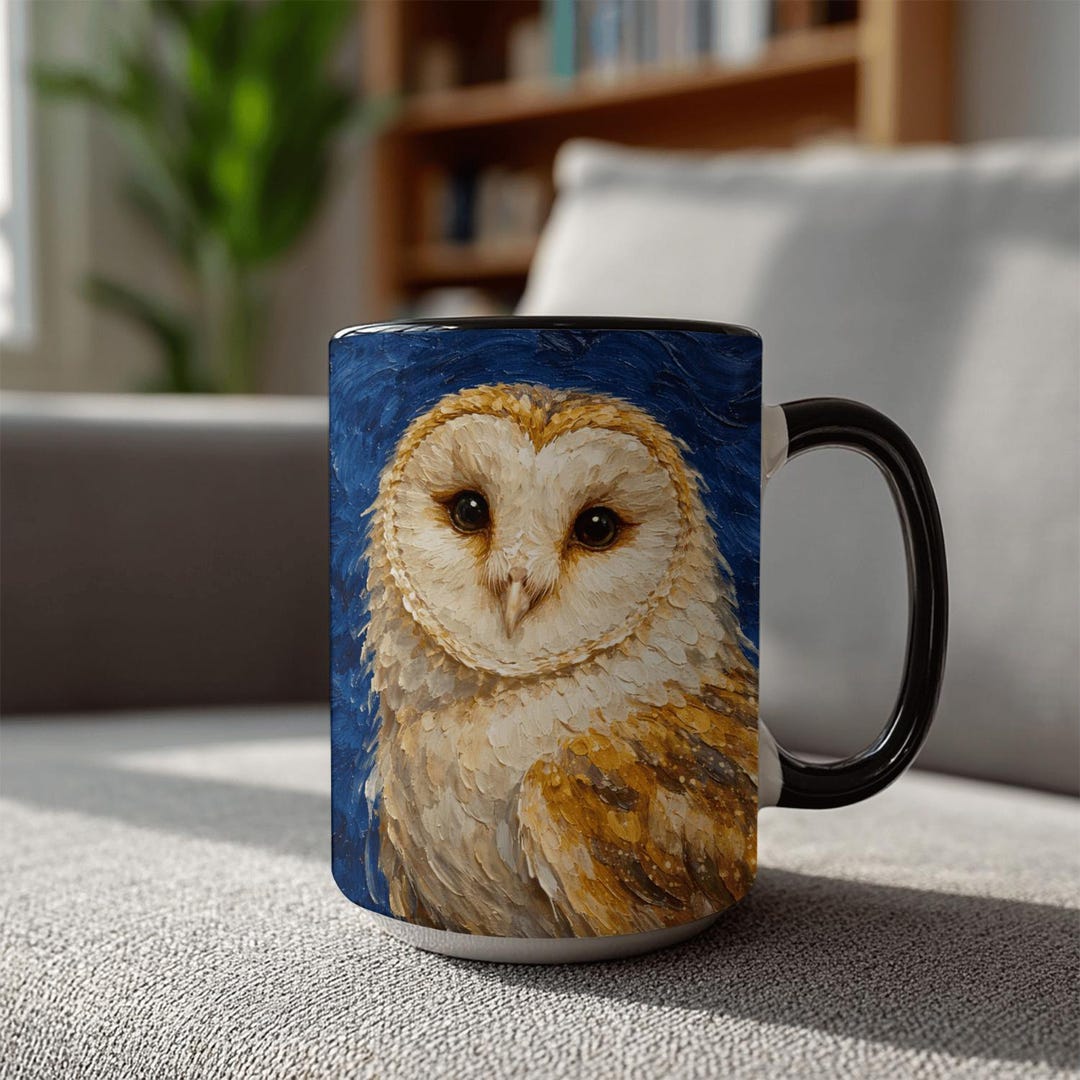 Barn Owl Mug, Heart Shaped Face Portrait, Van Gogh Style Bird Art ...