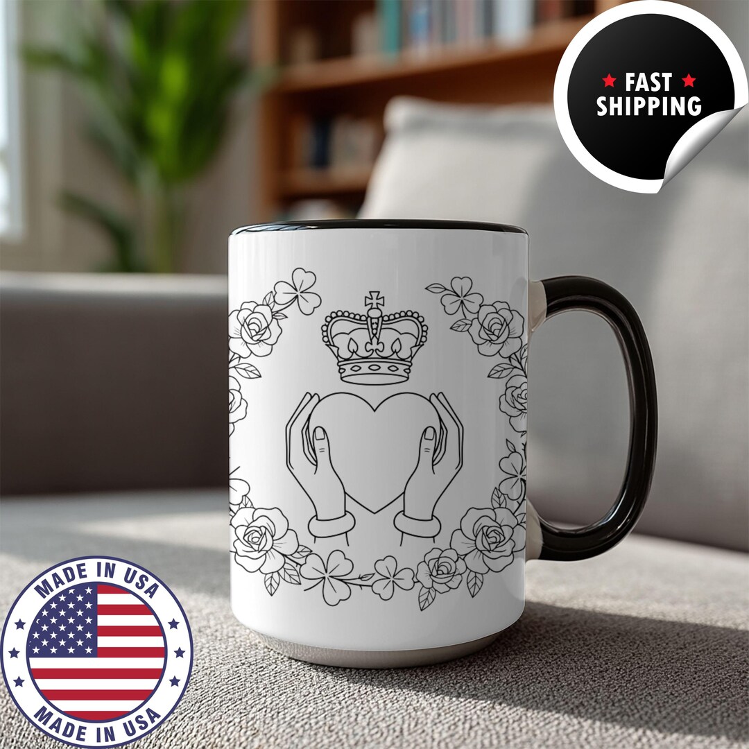 Claddagh Line Art Mug, Minimalist Irish Heart | Black and White Sketch ...