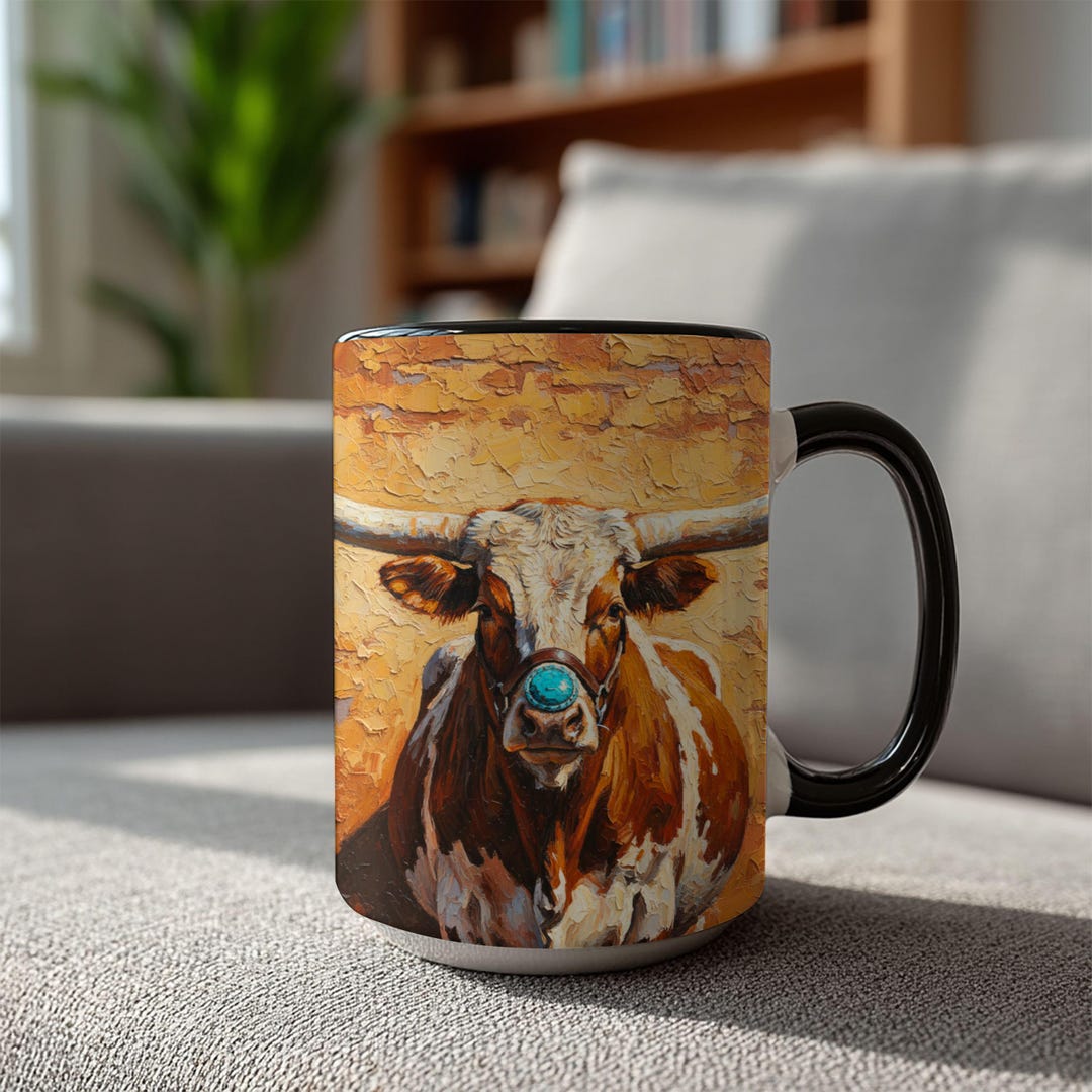 Longhorn Steer Mug – Southwestern Ranch Art, Turquoise Detail - Etsy