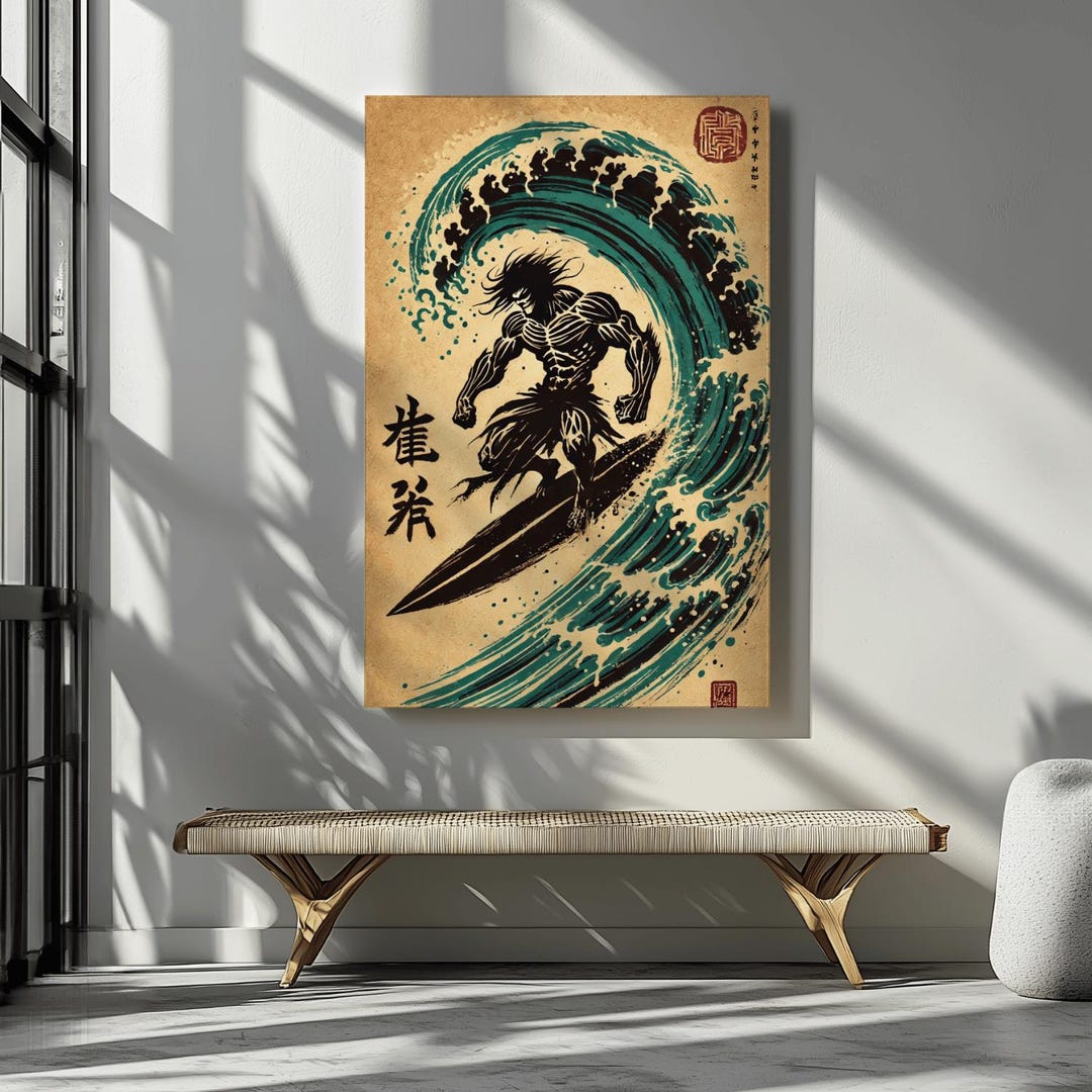 Samurai Surfer Wall Art Japanese Wave Poster Manga Style Muscle Warrior ...