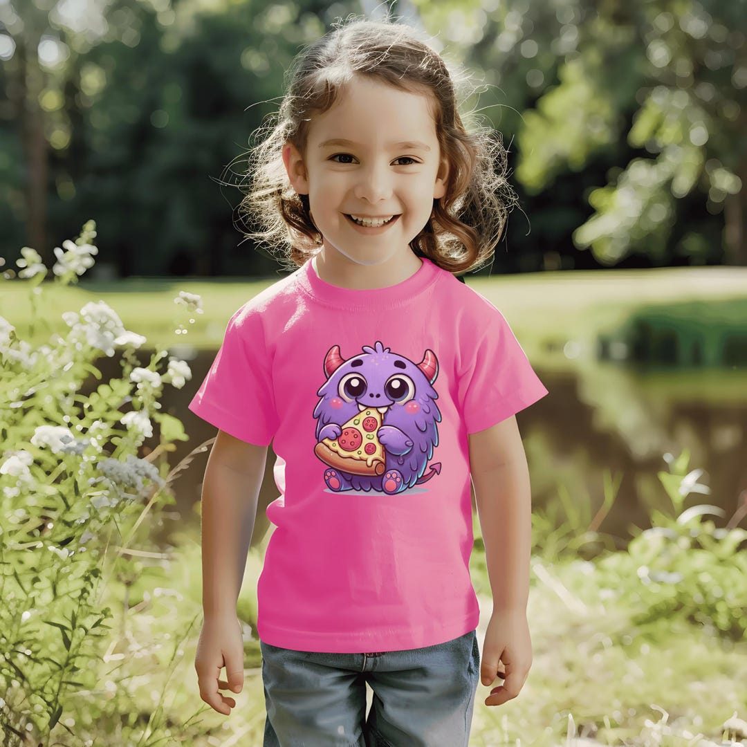 Cute Monster Eating Pizza Kids T-shirt Funny Cartoon Graphic Tee for ...