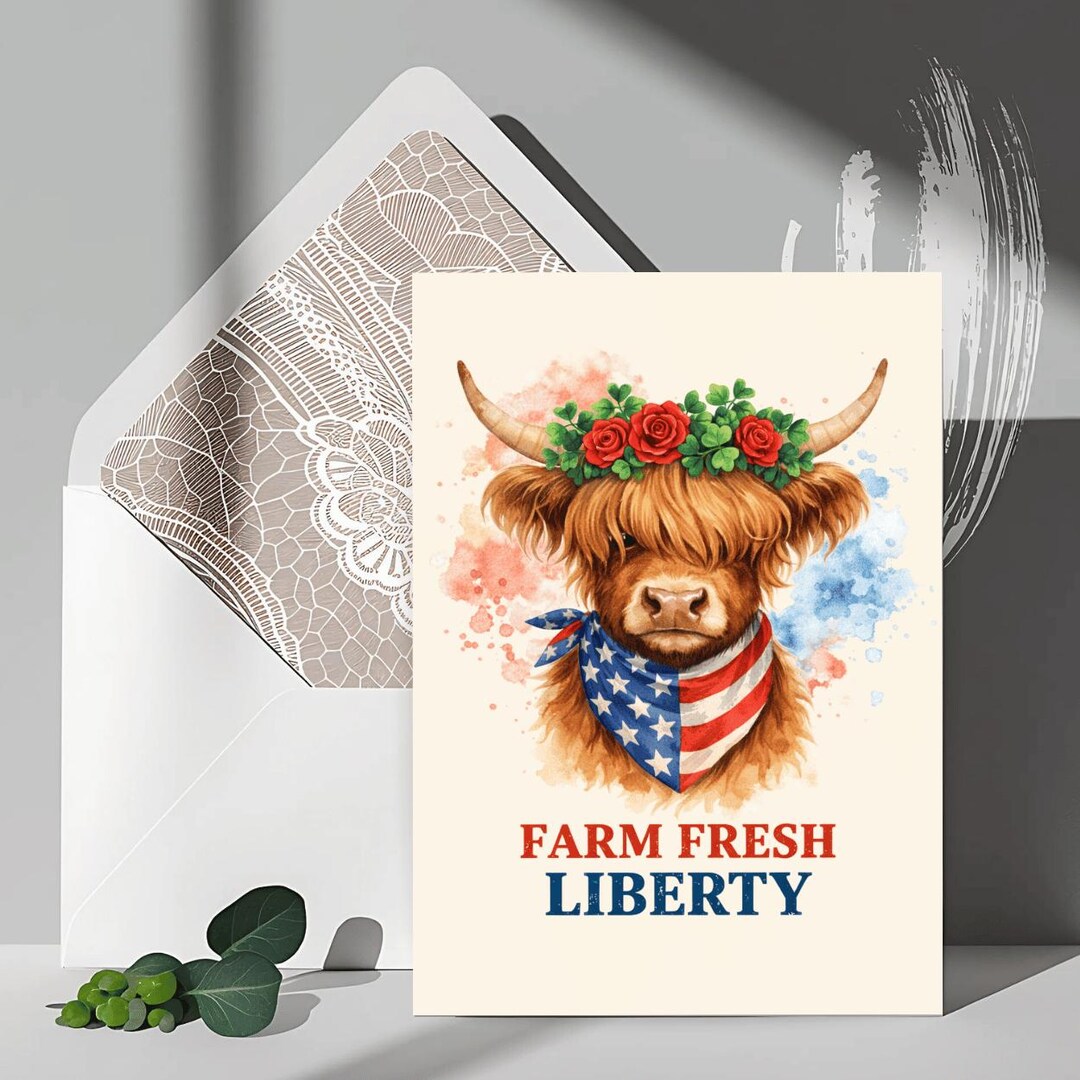 Patriotic Highland Cow Card | Farm Fresh Liberty | USA 250 Art | 4th of ...