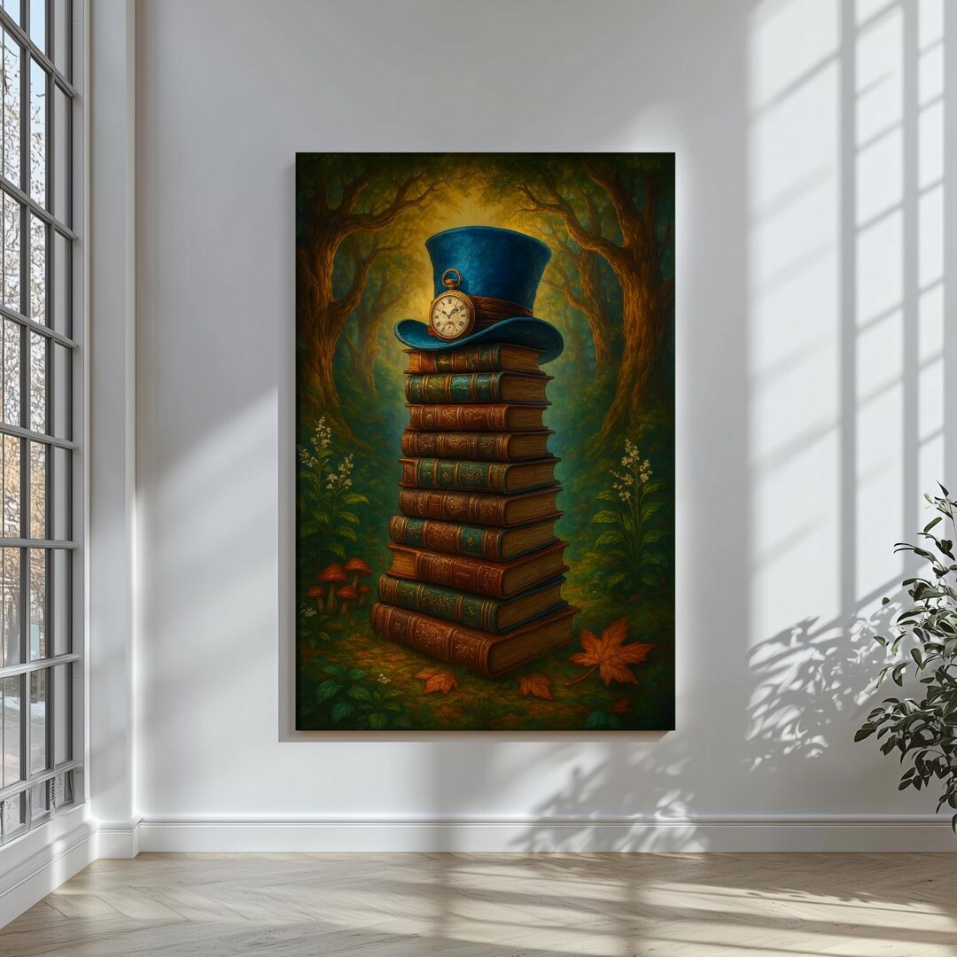 Alice in Wonderland Canvas | Mad Hatter Book Stack Wall Art | Whimsical ...