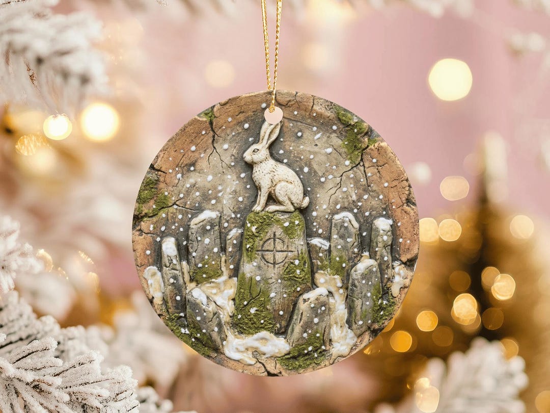 White Hare Yule Ornament Standing Stone Decor Winter Solstice Gift Sun ...