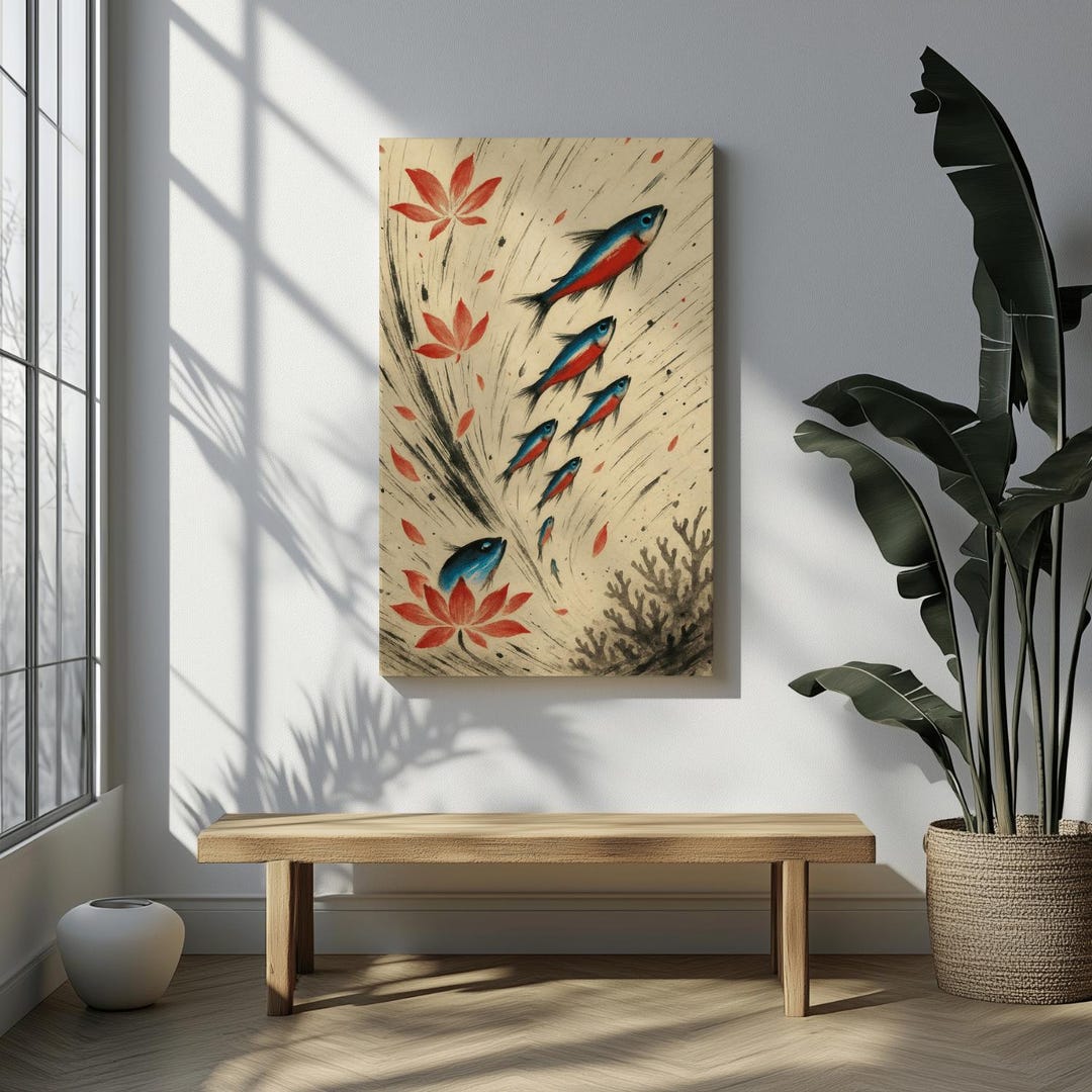 School of Neon Tetras With Falling Maple Leaves | Japanese Ink Style ...