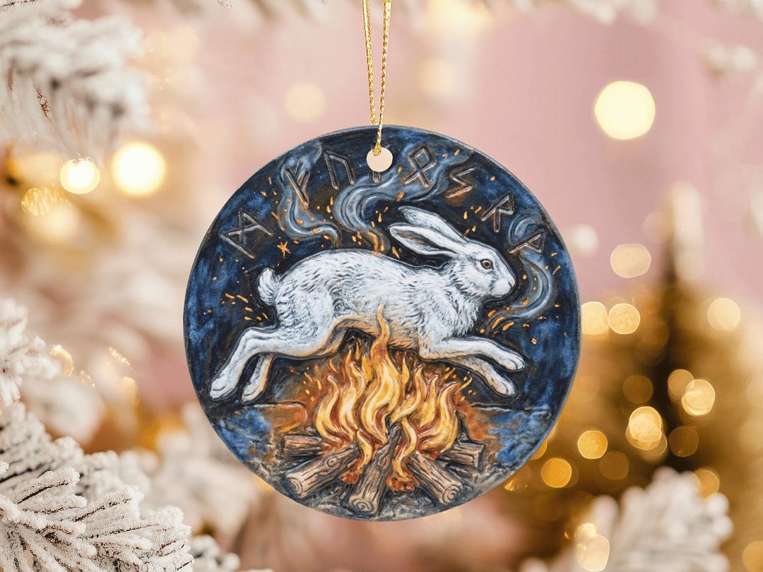 White Hare Yule Ornament: Bonfire, Runes, Pagan Winter Solstice - Etsy
