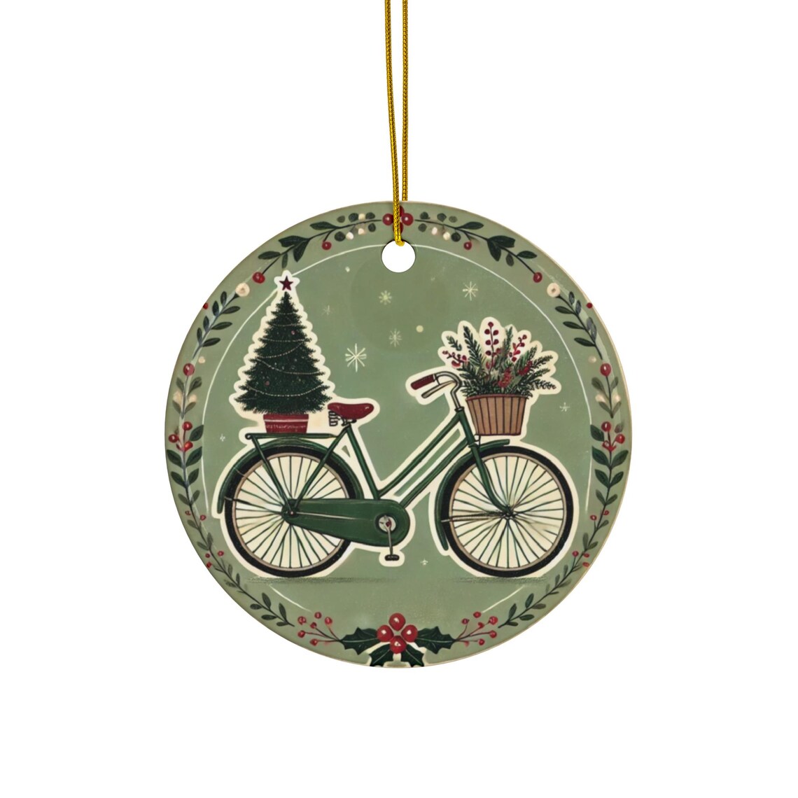Christmas Bicycle Ornament: Retro Green Bike Ceramic Holiday Tree Decor ...