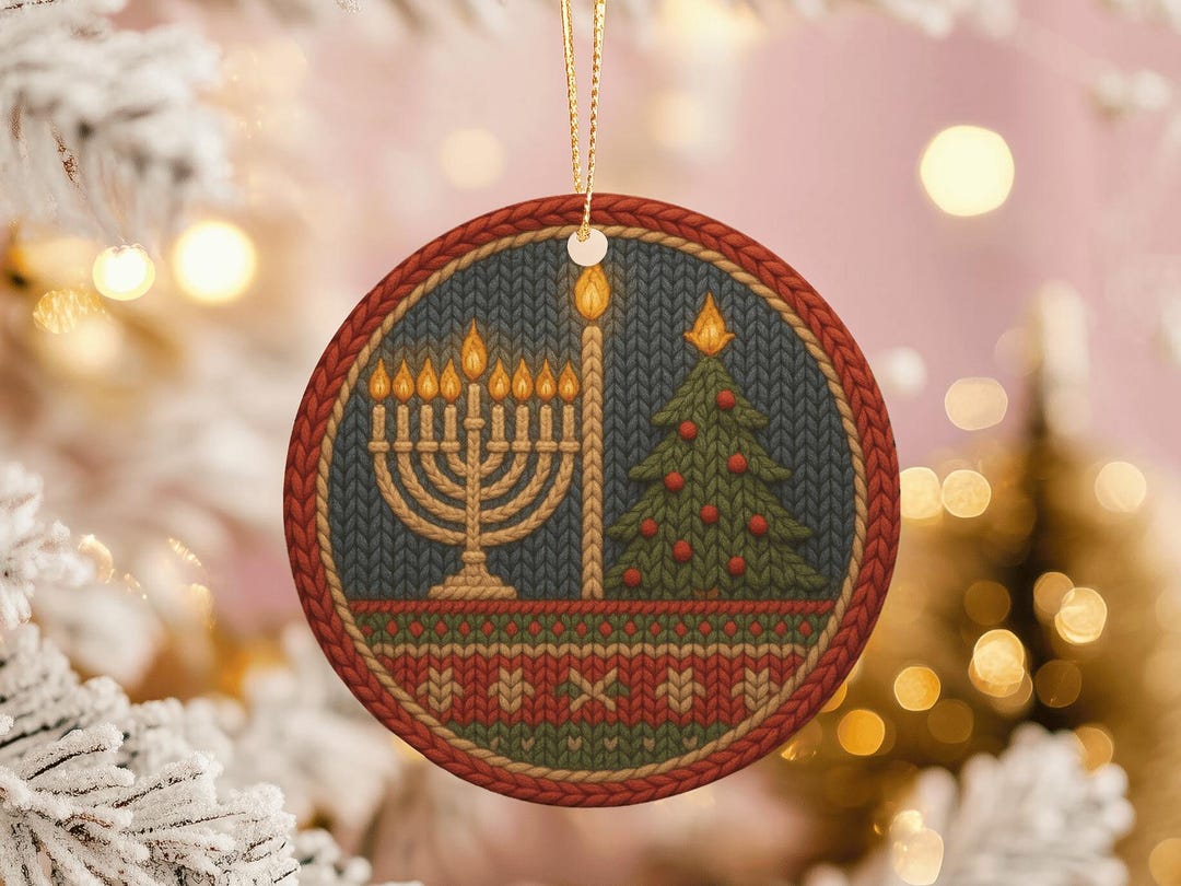 Hanukkah and Christmas Ceramic Ornament Hanukiah With Tree Knit Pattern ...
