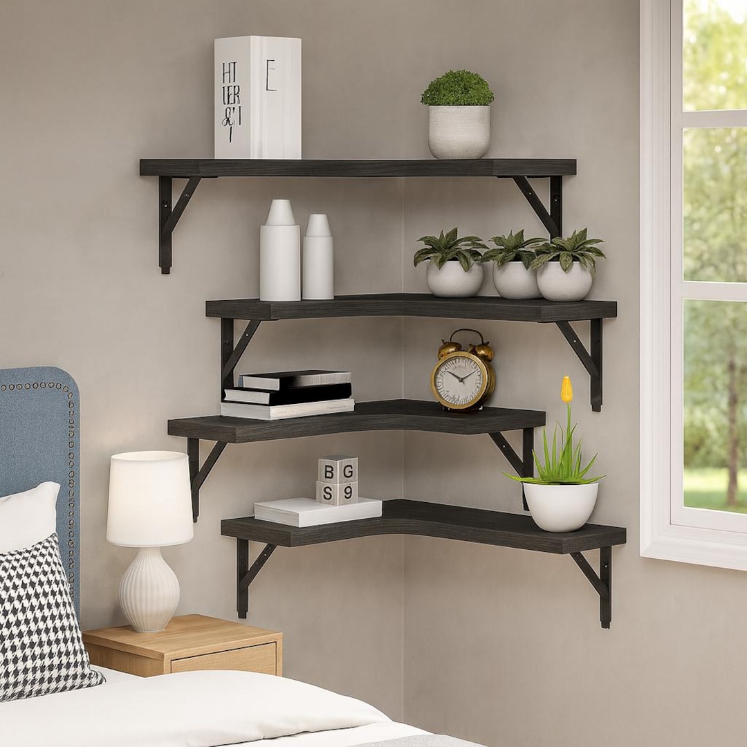 Modern Corner Floating Shelves – L-shaped Wall Shelf Set for Bedroom ...