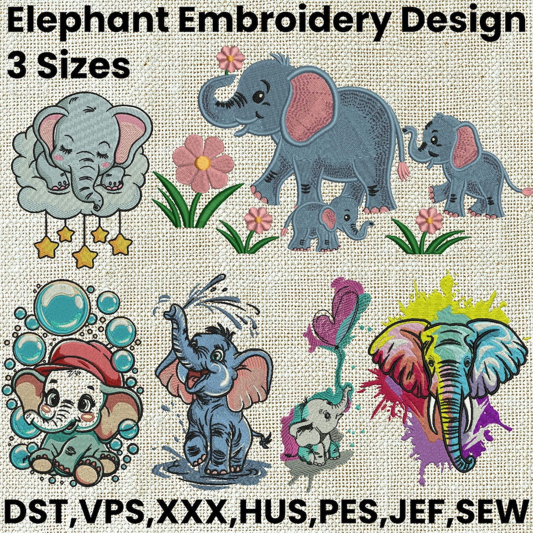 Elephant Embroidery Design, Baby Elephant Embroidery, Elephant Family ...