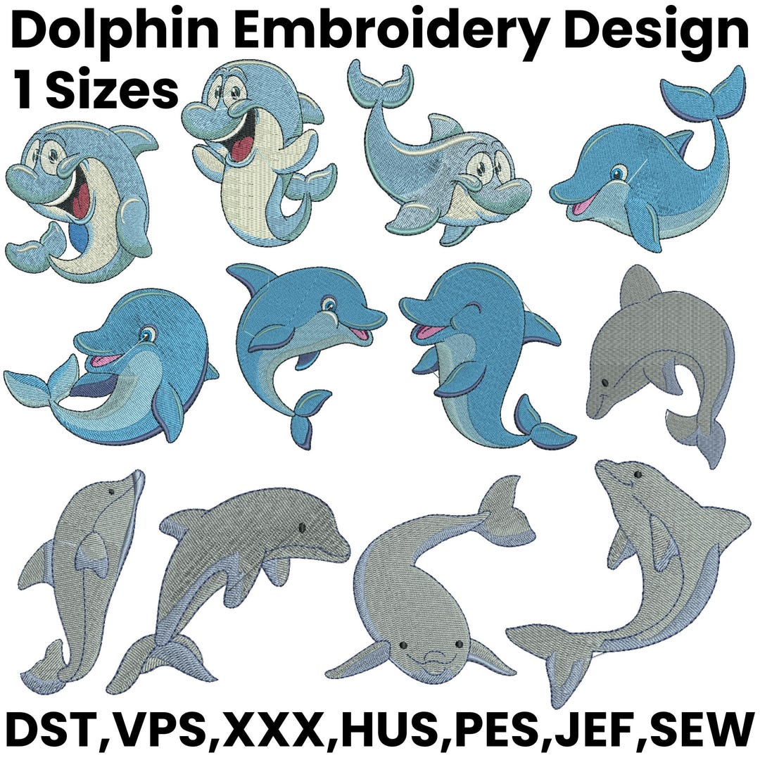 Dolphin Embroidery Design, Playful Dolphin Embroidery, Fish Embroidery ...