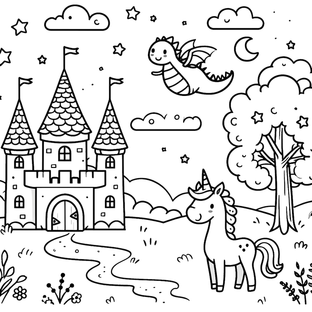 Unicorn at a Castle Coloring Page - Etsy