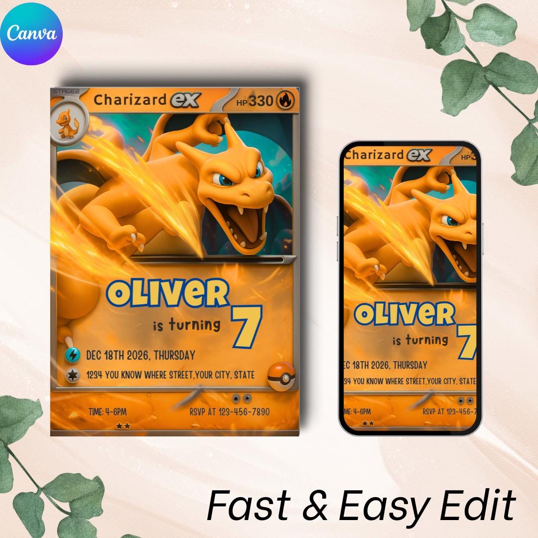 Editable Pokemon Birthday Invitation Template Charizard Card Invitation ...