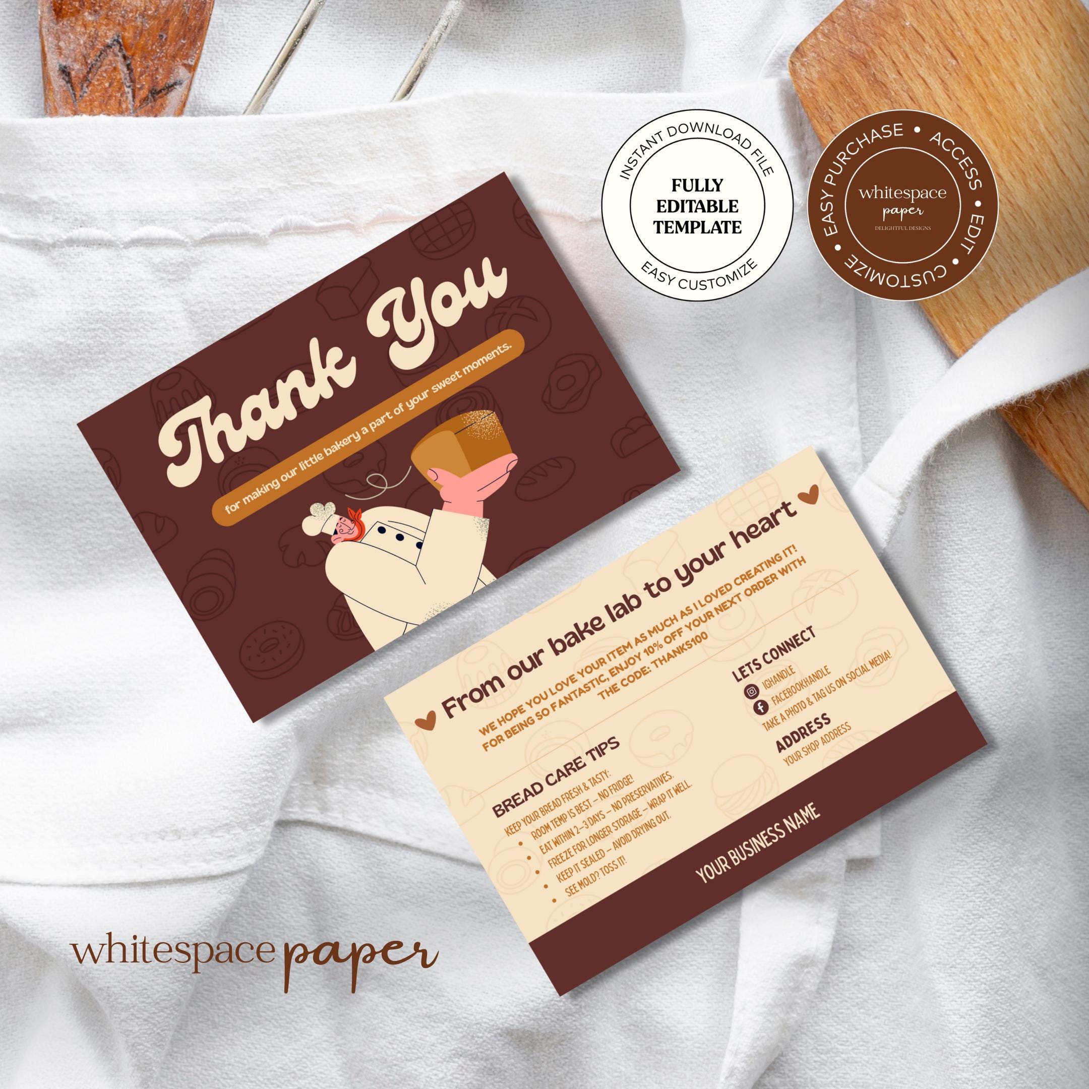 Bakery Shop Thank You Card Template, Bread Pastry Instructions Card ...