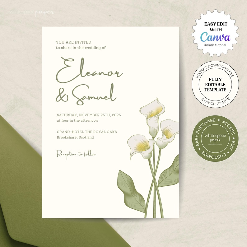 Calla Lily Wedding Invitations Set - Green Floral Invite, Elegant ...